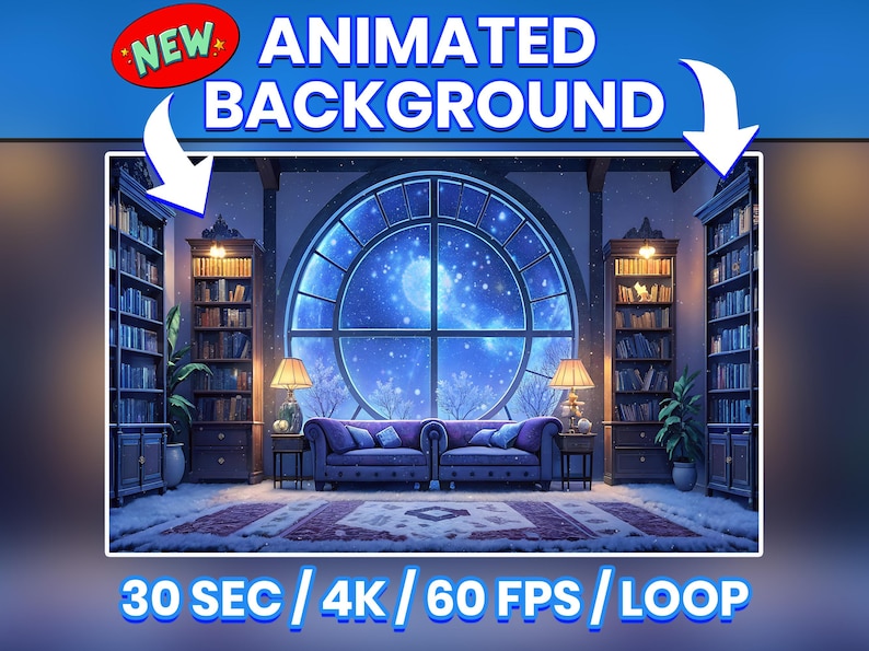 Magical Cozy Library Animated Virtual Background, Twitch Overlay ...