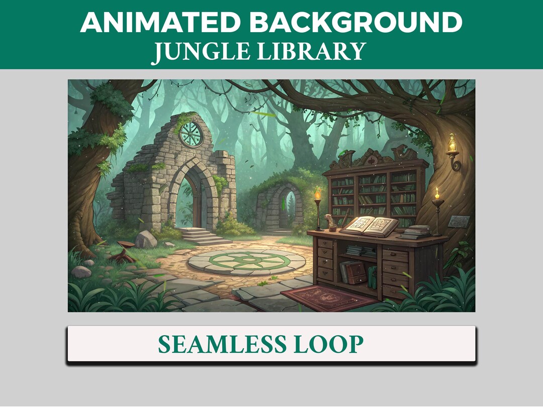 Magical Jungle Library Vtuber Background Animated, Enchanted Study Lofi ...