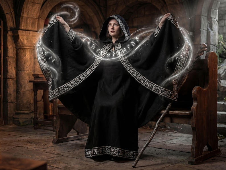 Black Wool Wizard Cloak With Hood and Viking Trim | Medieval Hooded ...