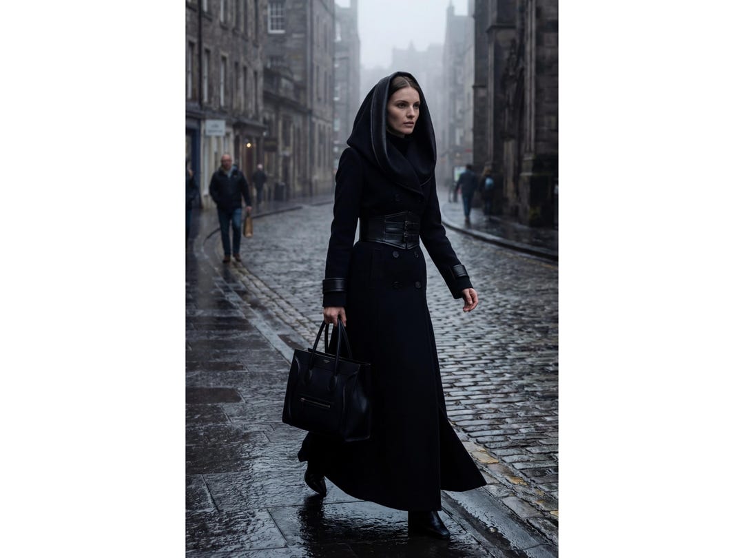 Gothic Black Hooded Wool Coat | Long Winter Jacket With Corset Belt ...