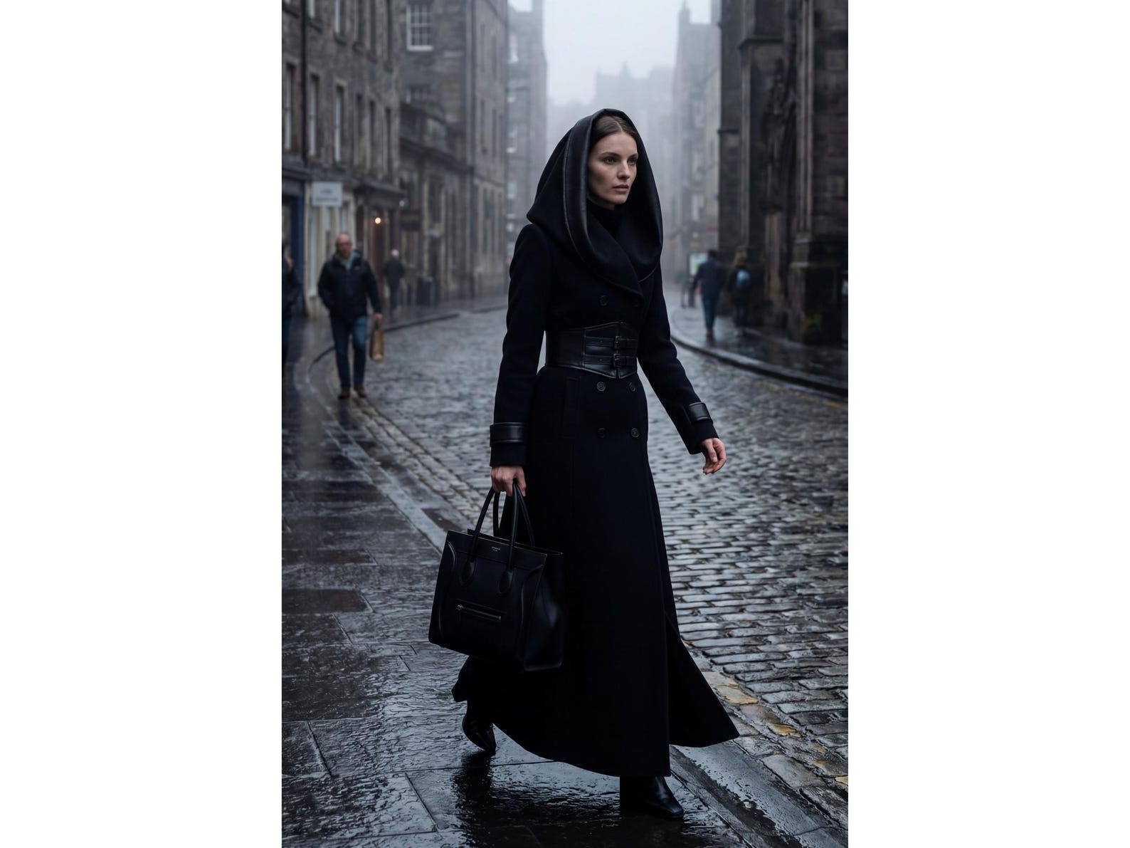 Gothic Black Hooded Wool Coat | Long Winter Jacket With Corset Belt ...