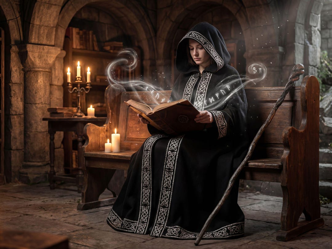 Black Wool Wizard Cloak With Hood and Viking Trim | Medieval Hooded ...