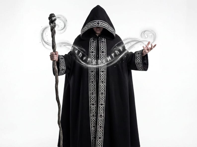 Black Wool Wizard Cloak With Hood and Viking Trim | Medieval Hooded ...