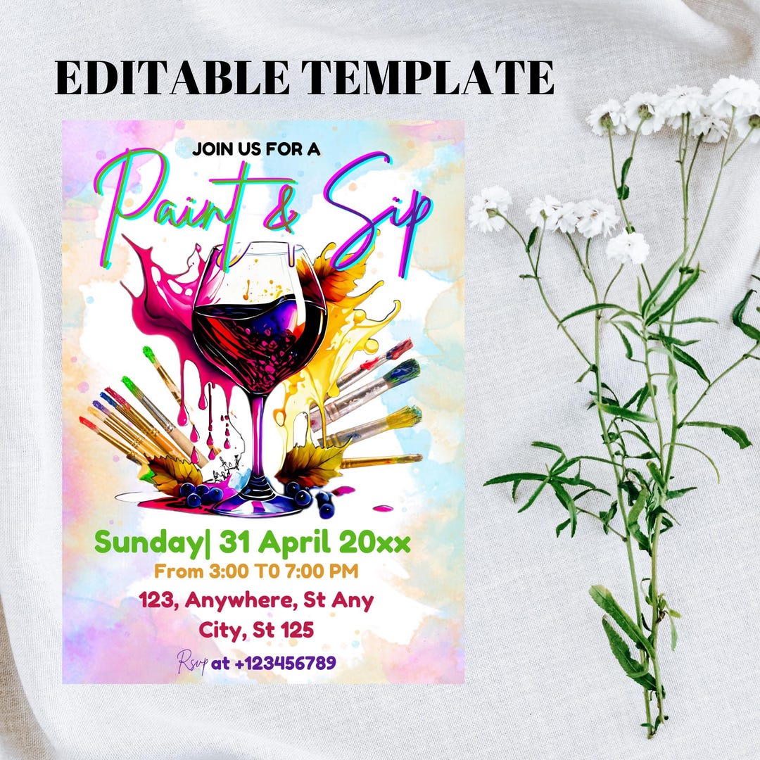 Sip and Paint Party Invitation,editable Paint & Sip Party Invite,wine ...