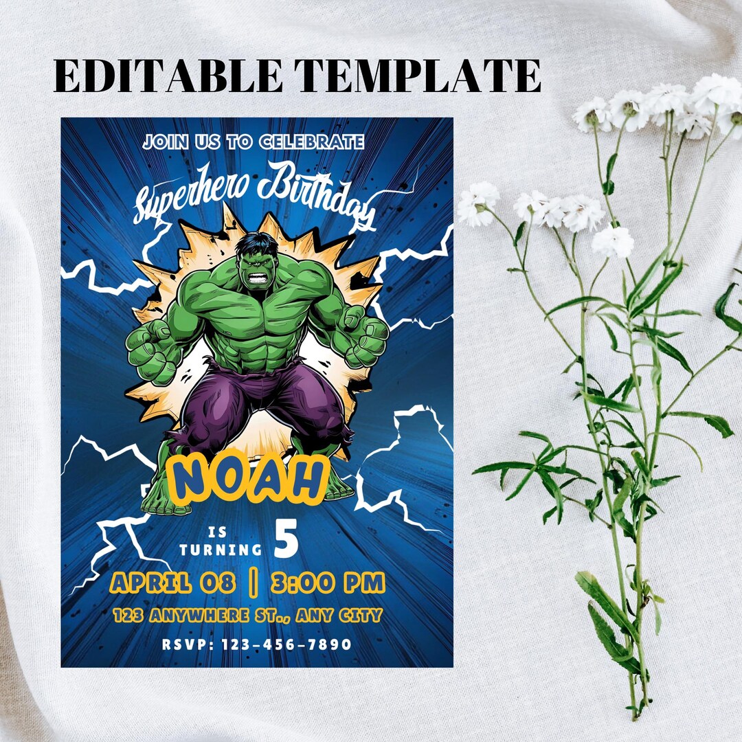 Hulk Birthday Party Invitation Template, Hulk Birthday Invitation ...