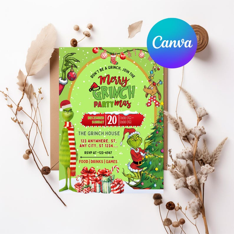 Grinch Grinchmas Christmas Party Invitation | Personalize Editable ...