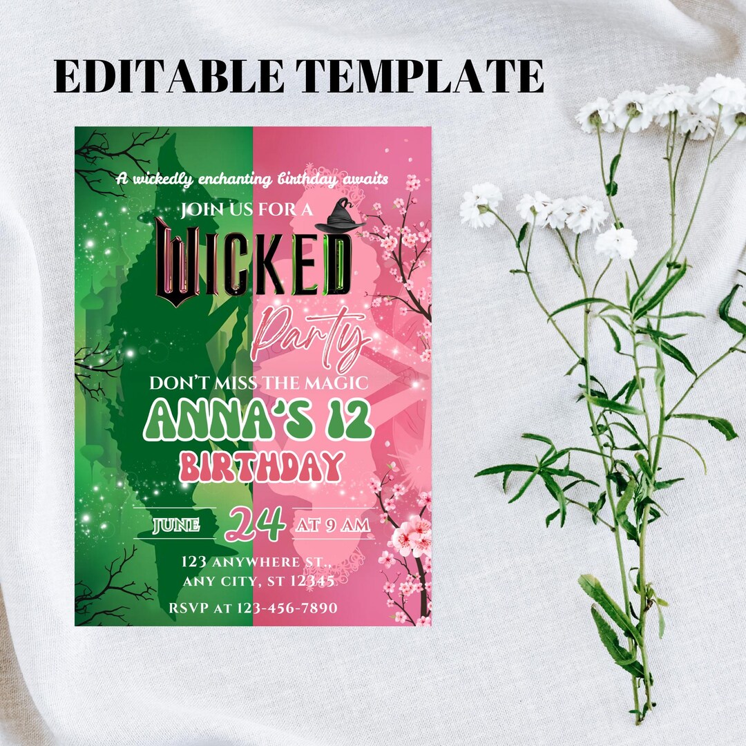 Wicked Birthday Invitation, Editable Template, Glinda & Elphaba, Wicked ...