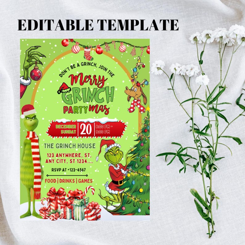 Grinch Grinchmas Christmas Party Invitation | Personalize Editable ...