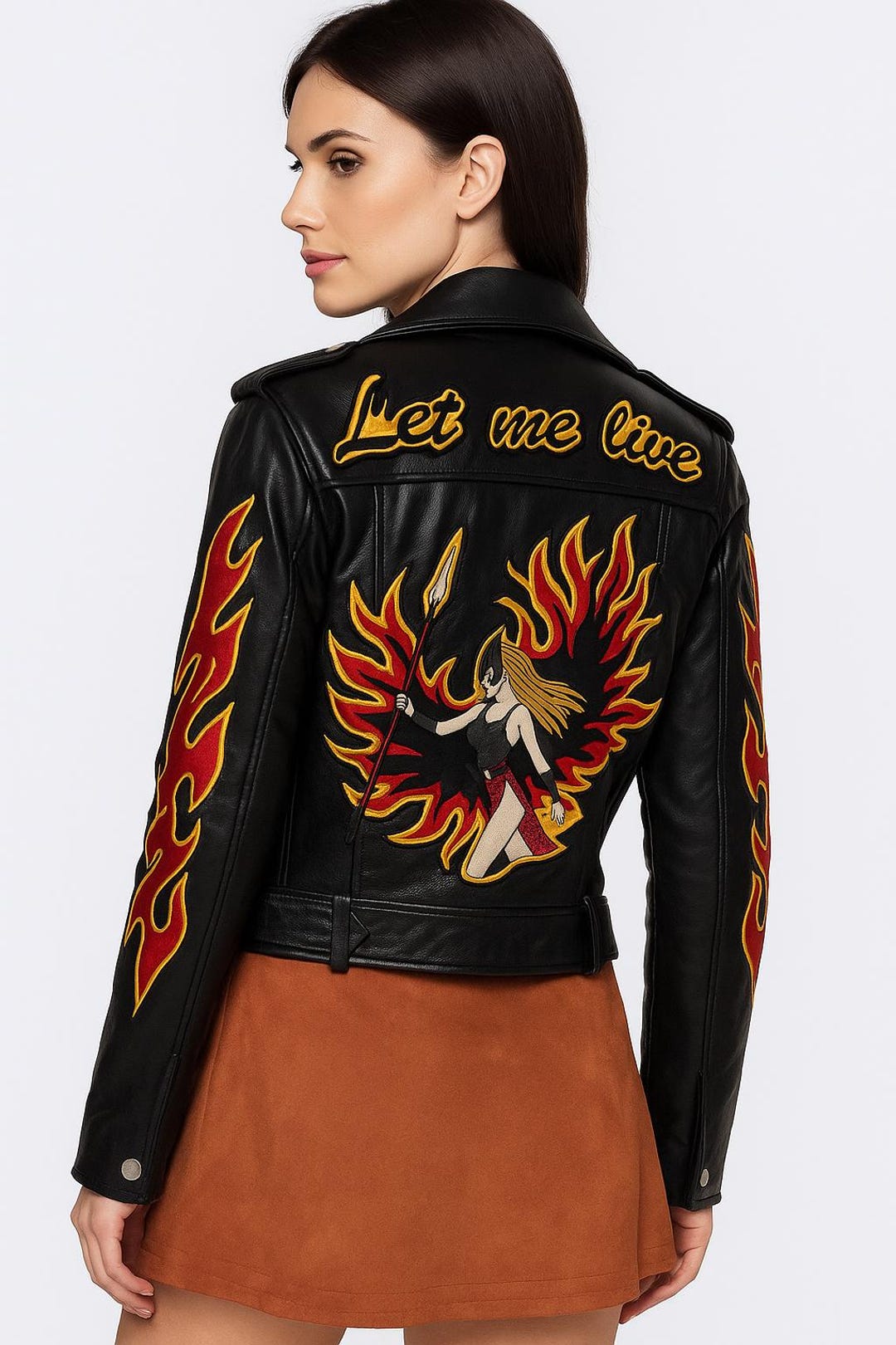 Flame Embroidered Biker Jacket: Black Leather Cosplay - "let Me Live ...