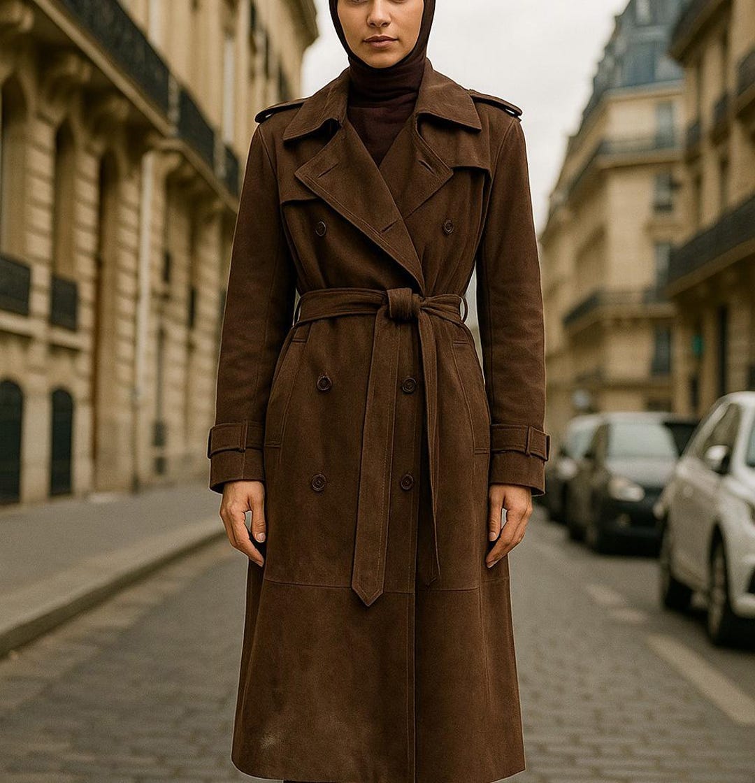 Handmade Goatskin Suede Trench Coat – Dark Brown Double-breasted ...