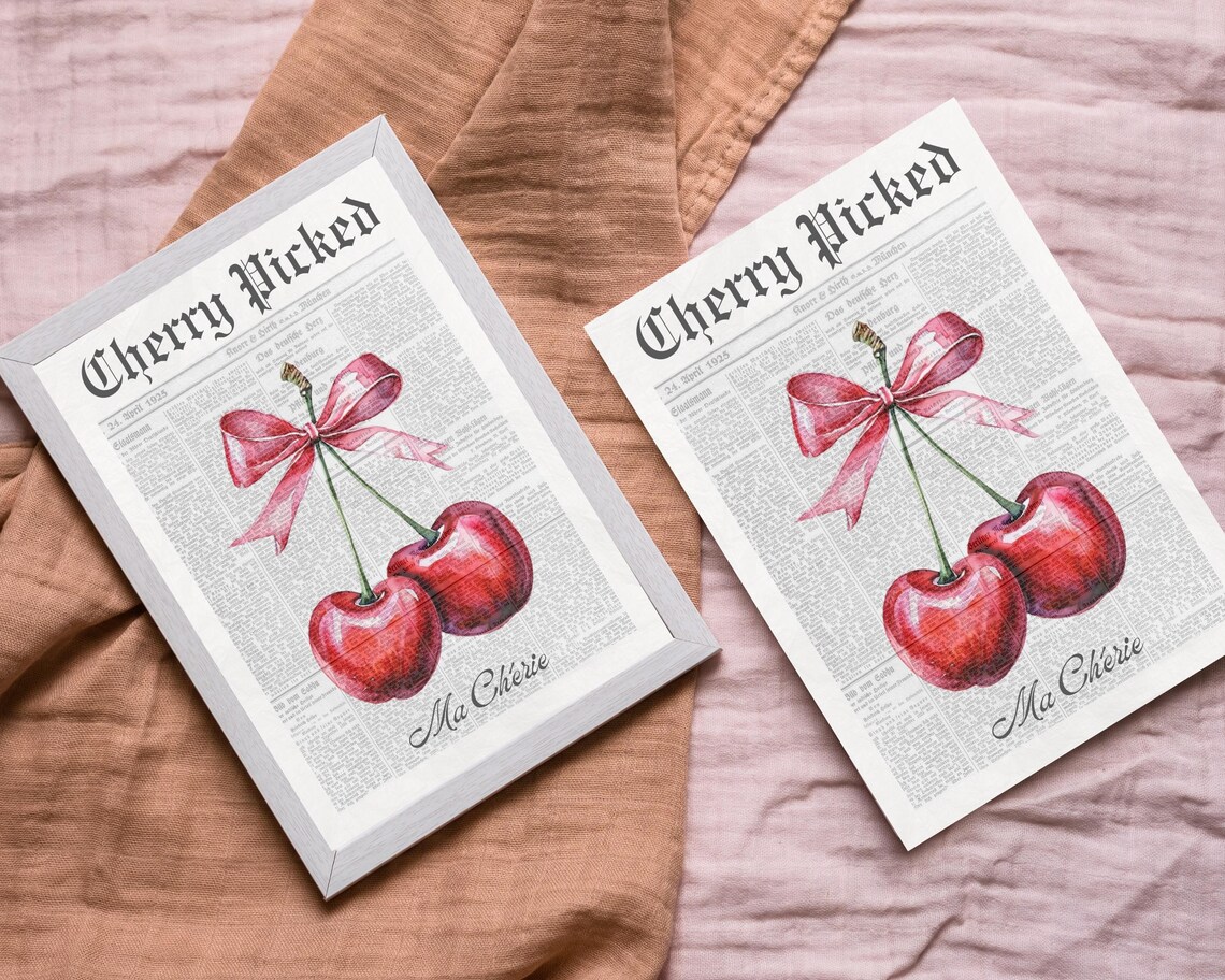 Newspaper Cherry Poster With Pink Bow, Newspaper Print, Ma Cherie ...