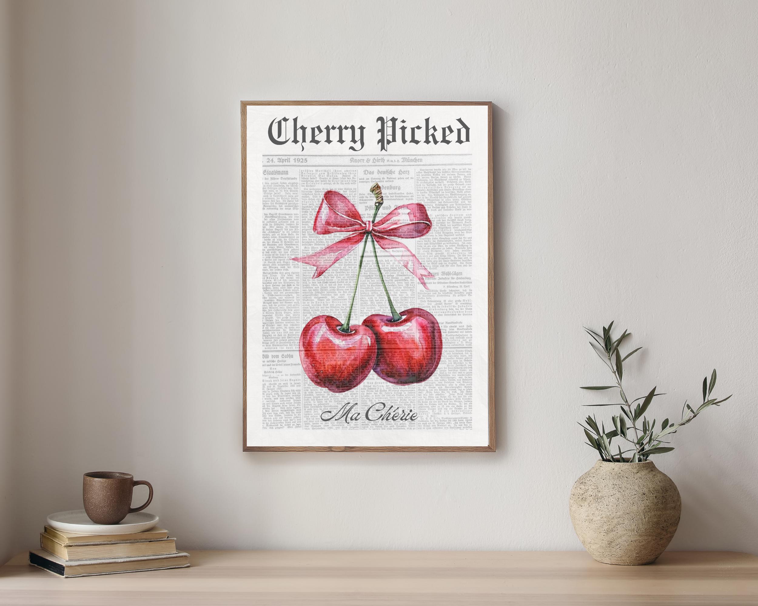 Newspaper Cherry Poster With Pink Bow, Newspaper Print, Ma Cherie ...