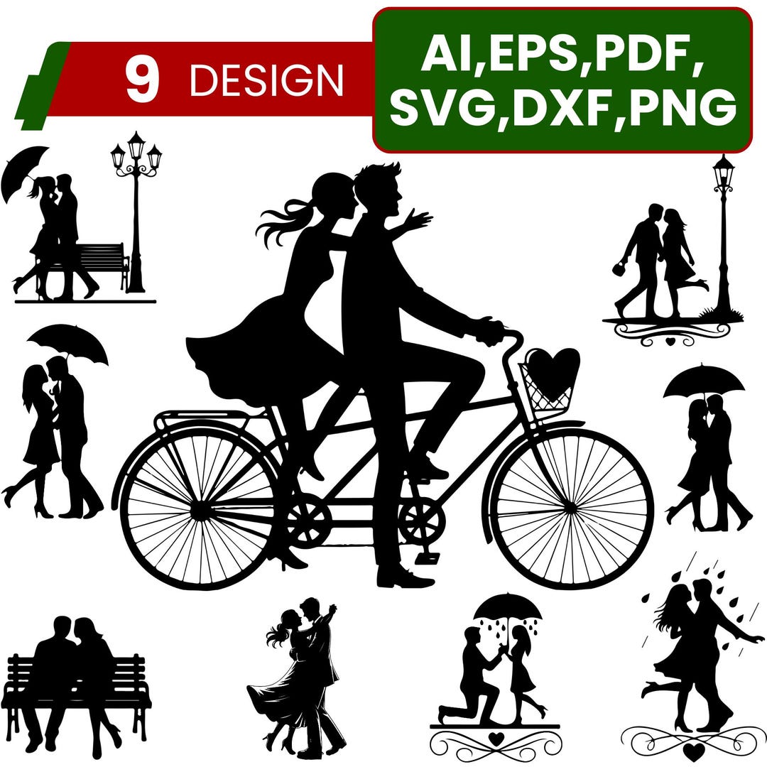 Romantic Love Silhouette SVG, Couple Shadow Art, Valentine, Wedding Cut ...