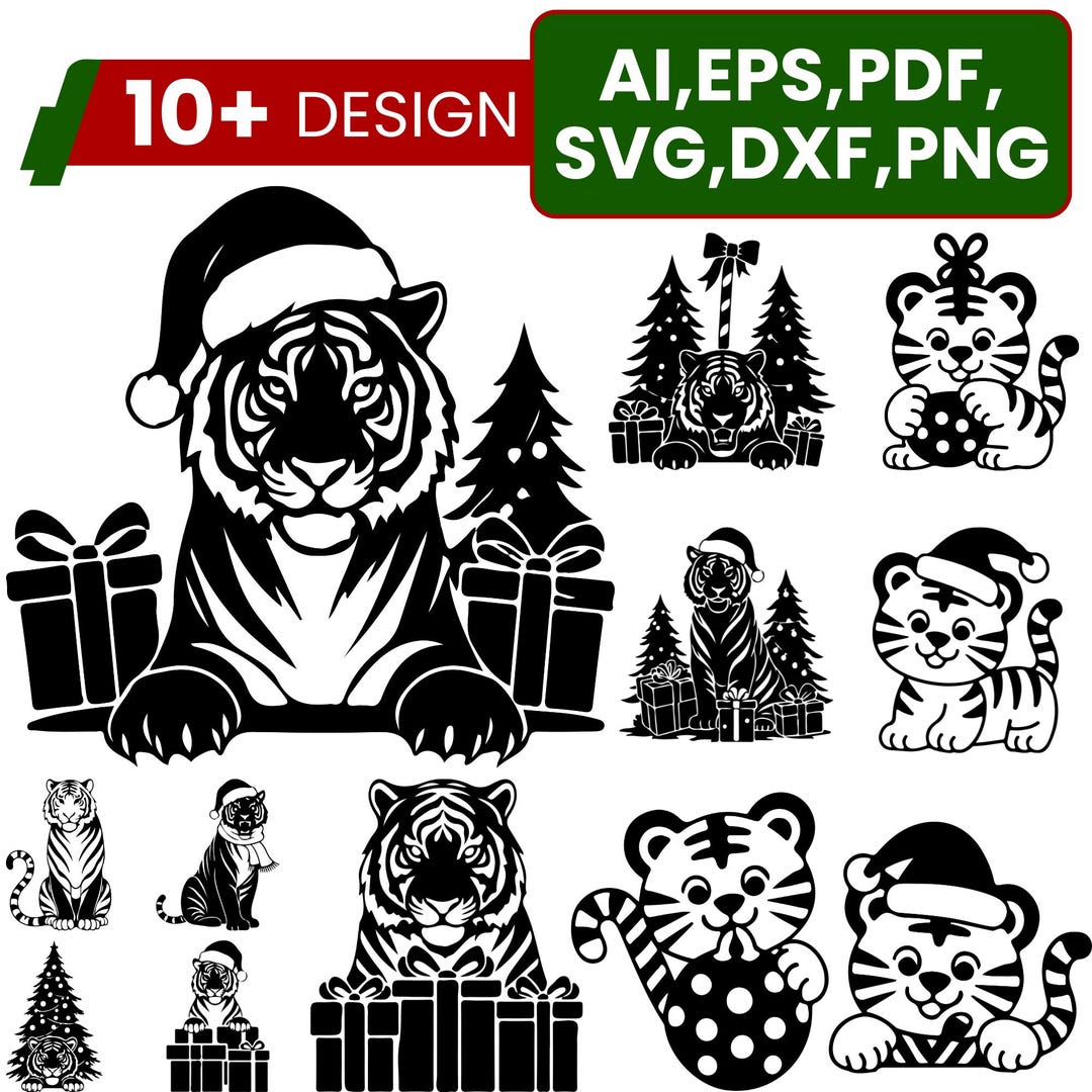 Christmas Tiger SVG Bundle | Cute Tiger Clipart | Holiday Animal PNG ...