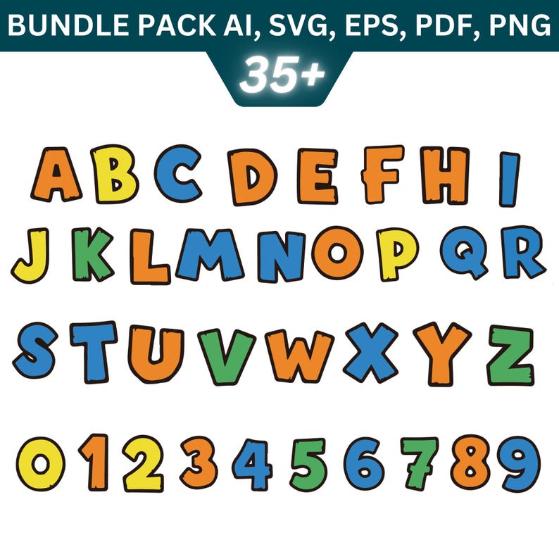 Funky Doodle Alphabet PNG Bundle: Colorful Letters and Numbers (digital ...