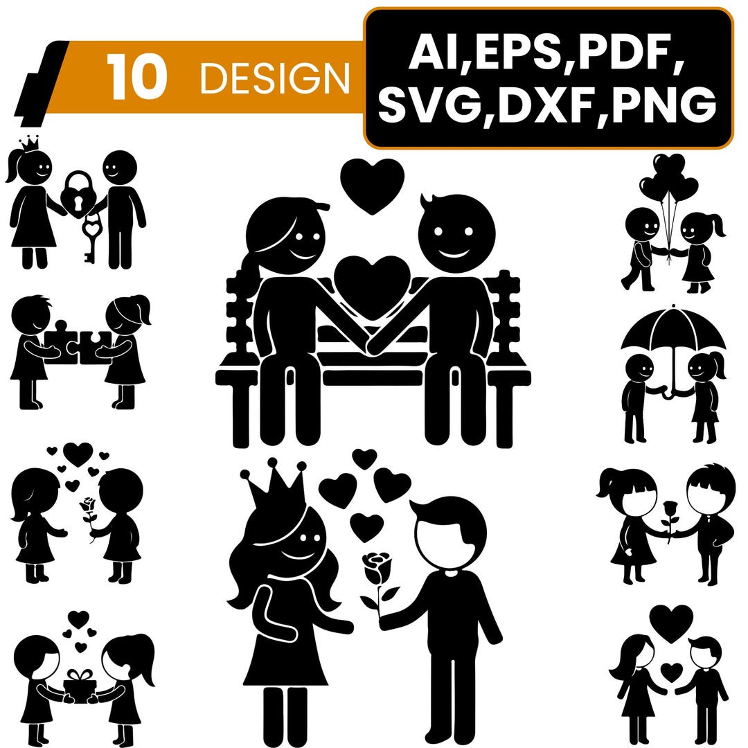 Couple Stick Figure SVG Bundle, Romantic Silhouette Clipart, Valentine ...