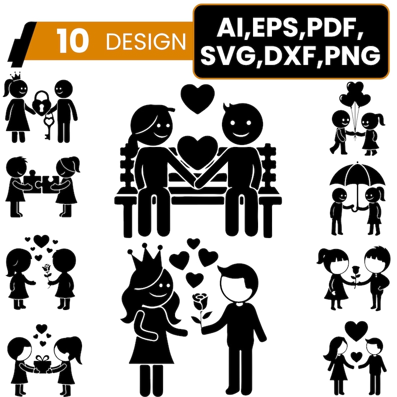 Couple Stick Figure SVG Bundle, Romantic Silhouette Clipart, Valentine ...