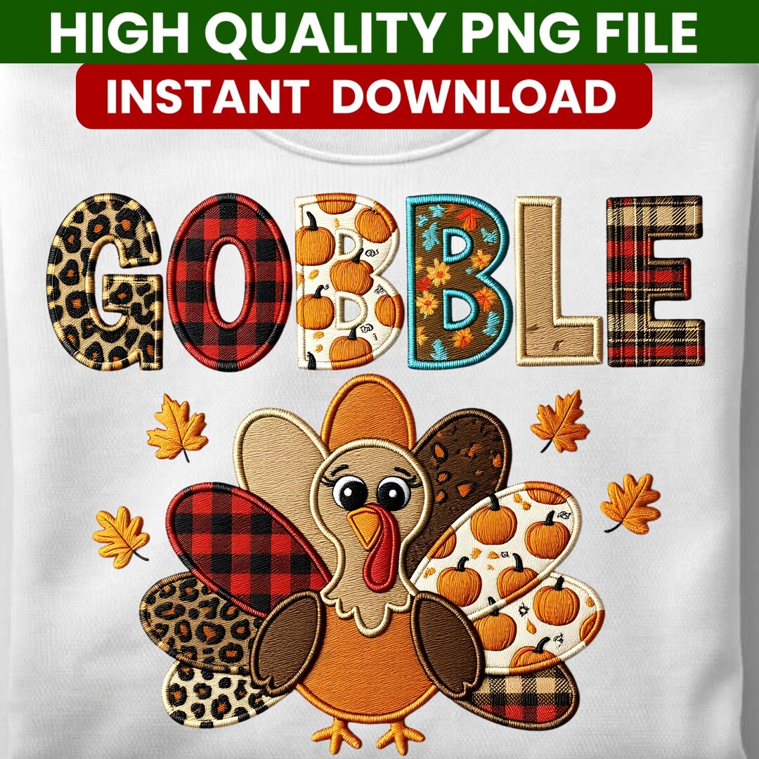 Gobble Turkey Patchwork PNG, Thanksgiving Applique (digital Download ...