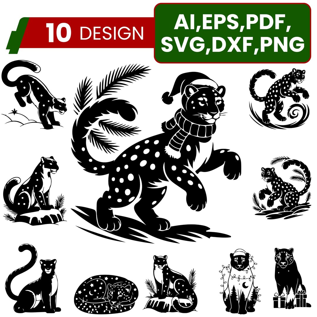 Christmas Leopard SVG Bundle, Festive Panther Clipart, Holiday Animal ...
