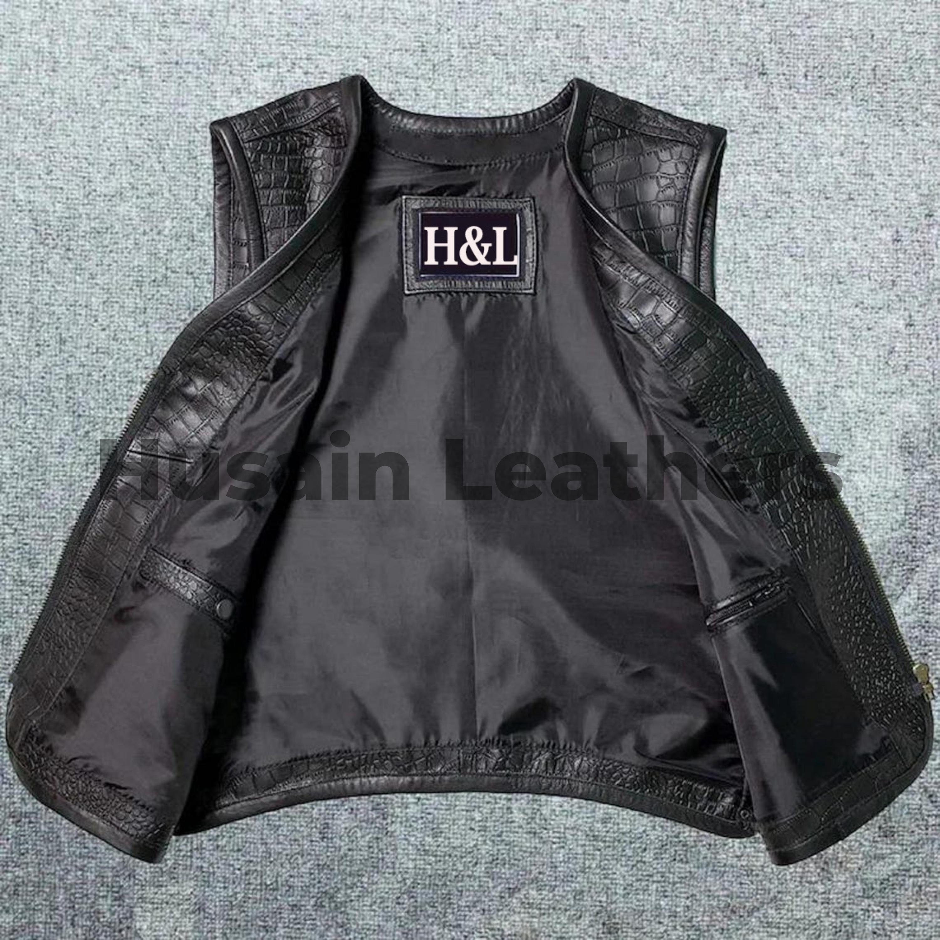 Men’s Alligator Embossed White Biker Vest–genuine Leather Motorcycle ...