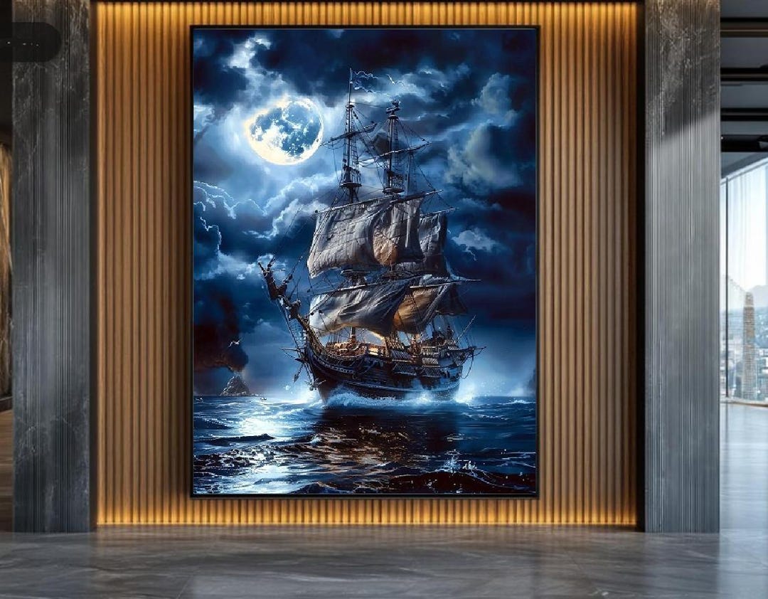 Mystical Pirate Ship Digital Print, Moonlit Sailing Ship Art, Dark ...