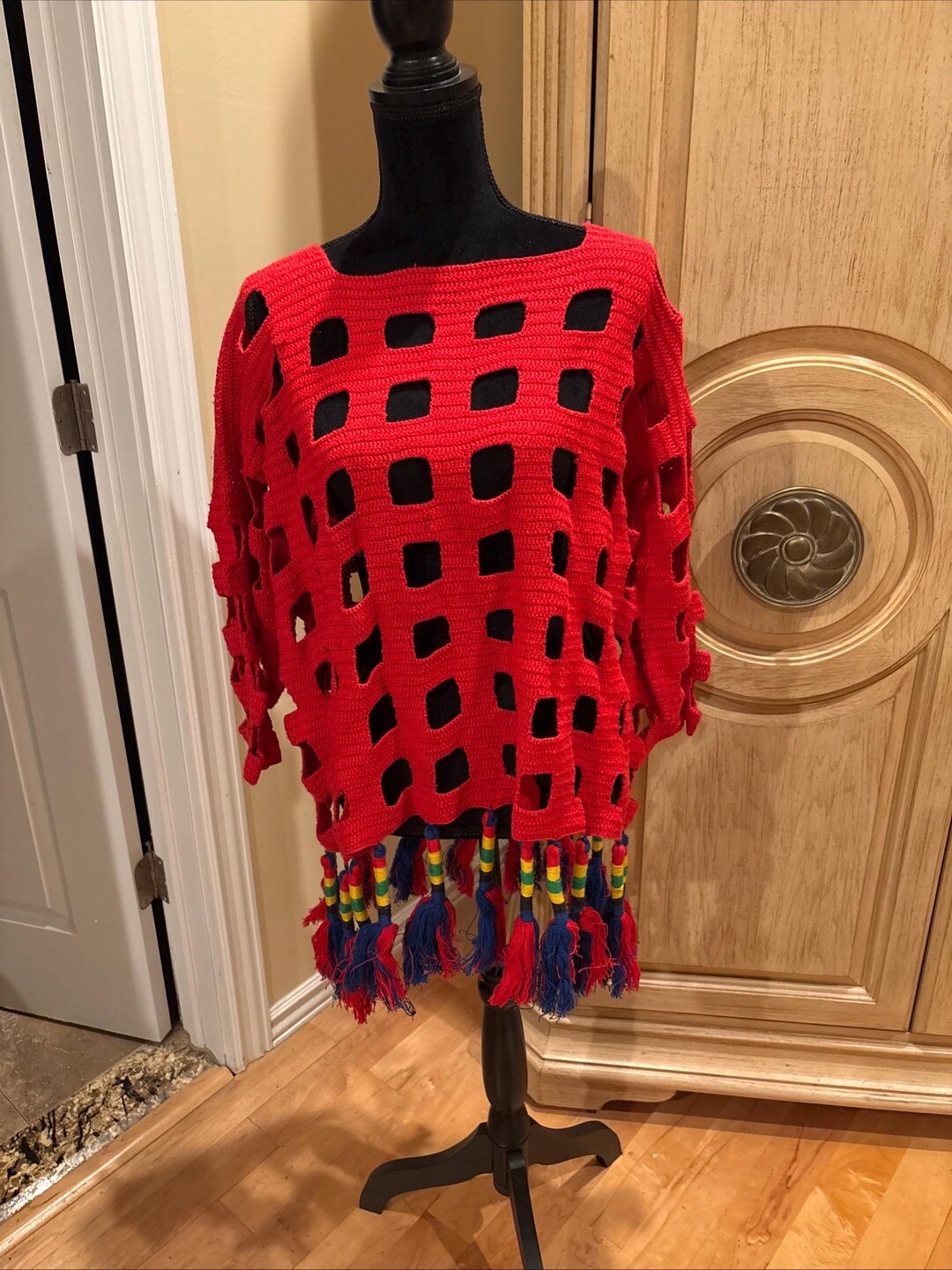 Michael Simon Red Crochet Vintage Sweater With Tassels One Size - Etsy