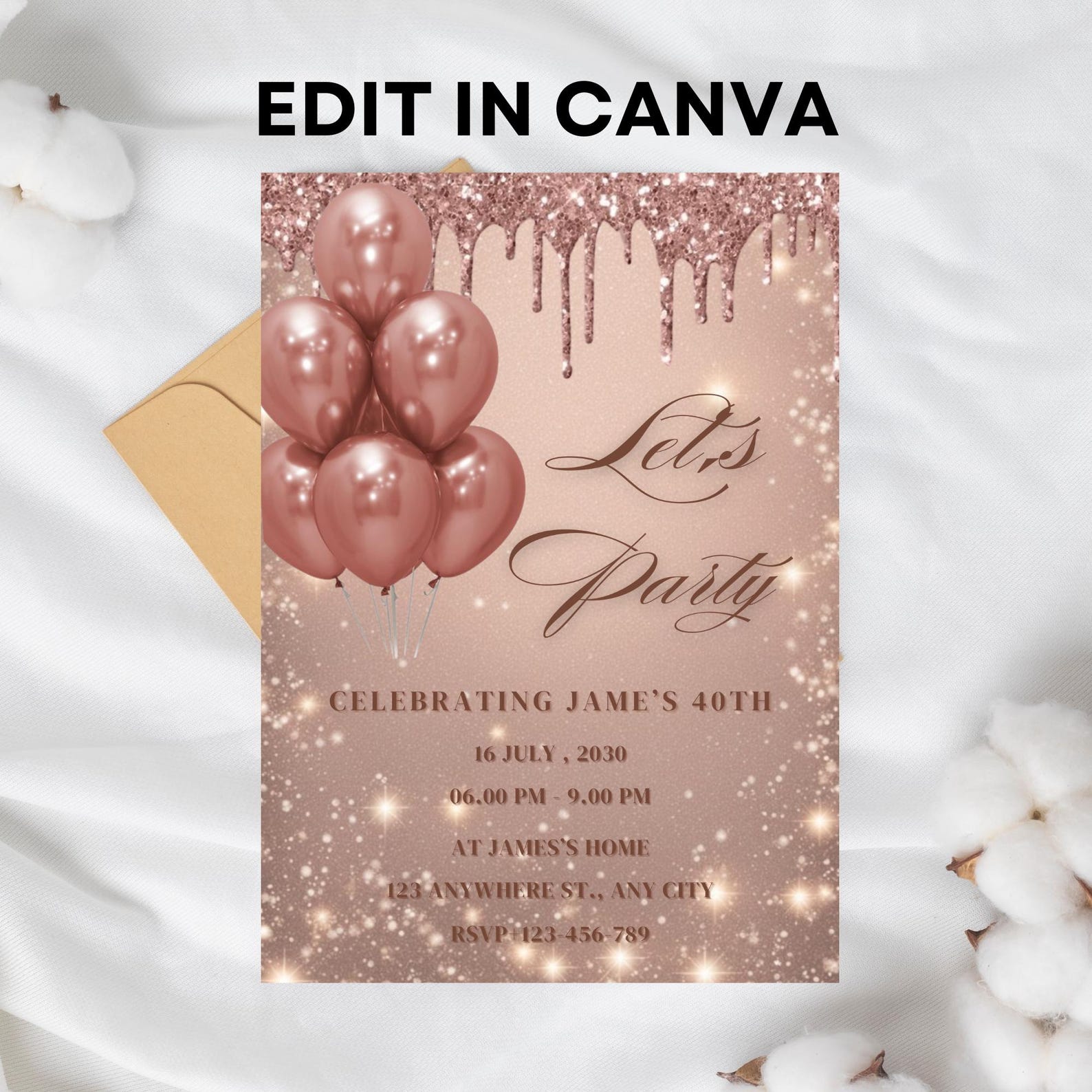 Rose Gold Invitation Template Rose Gold Birthday Invitation 40th, Rose ...