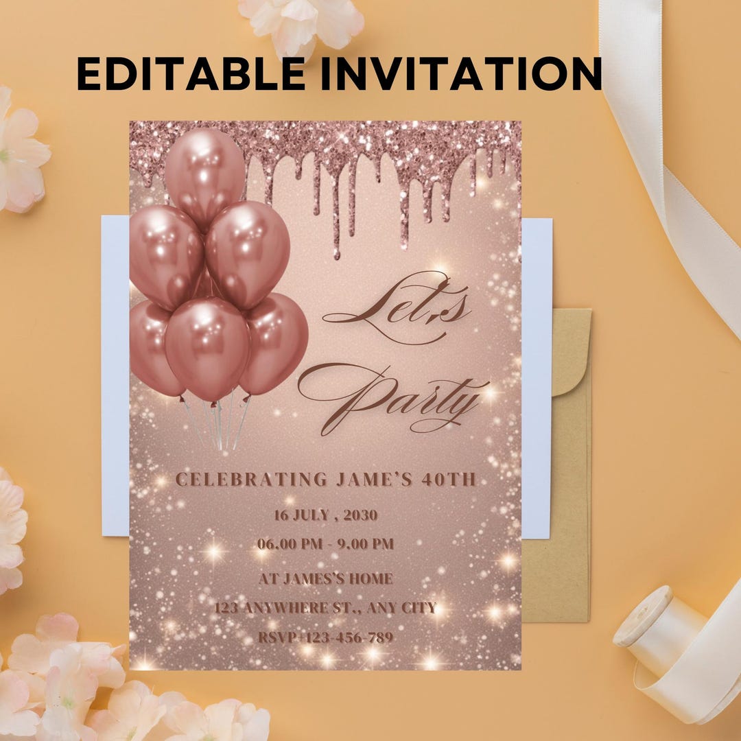 Rose Gold Invitation Template Rose Gold Birthday Invitation 40th, Rose ...