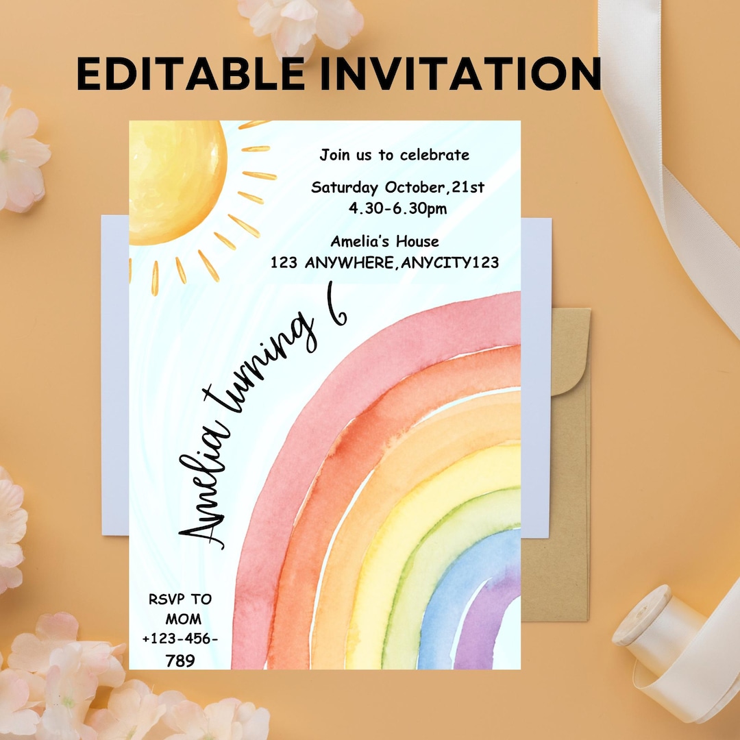 Watercolor Rainbow Birthday Invitation Template: Editable Canva E ...