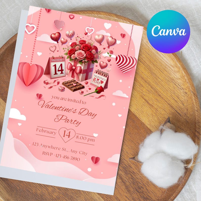 Editable Valentine's Day Party Invitation, Heart & Balloon, Canva ...