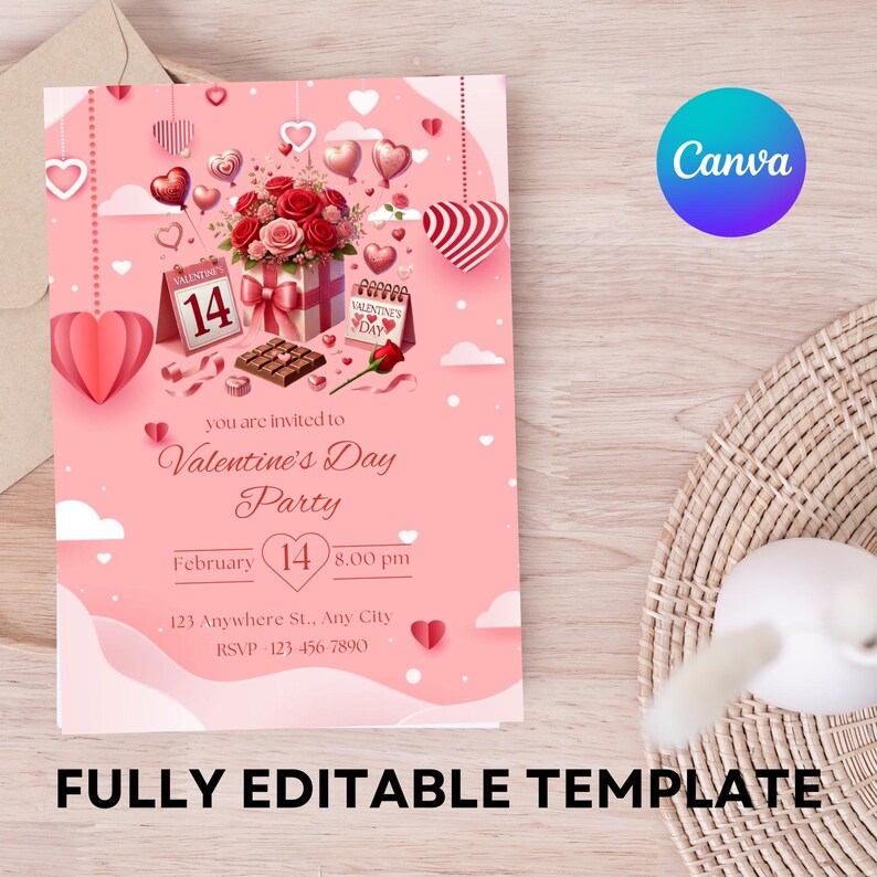Editable Valentine's Day Party Invitation, Heart & Balloon, Canva ...