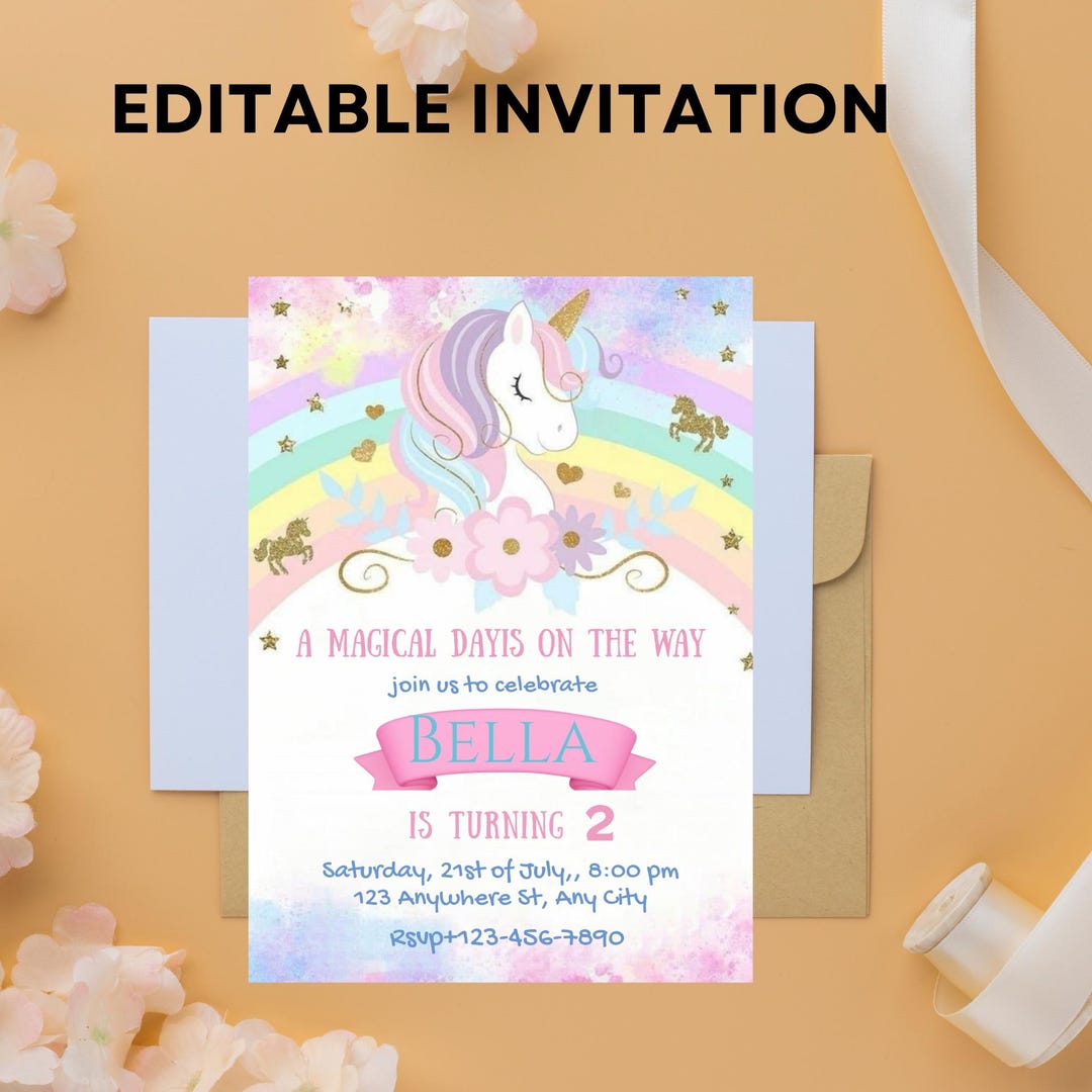 Unicorn and Rainbow Birthday Invitation, Girl Birthday Party Invite ...