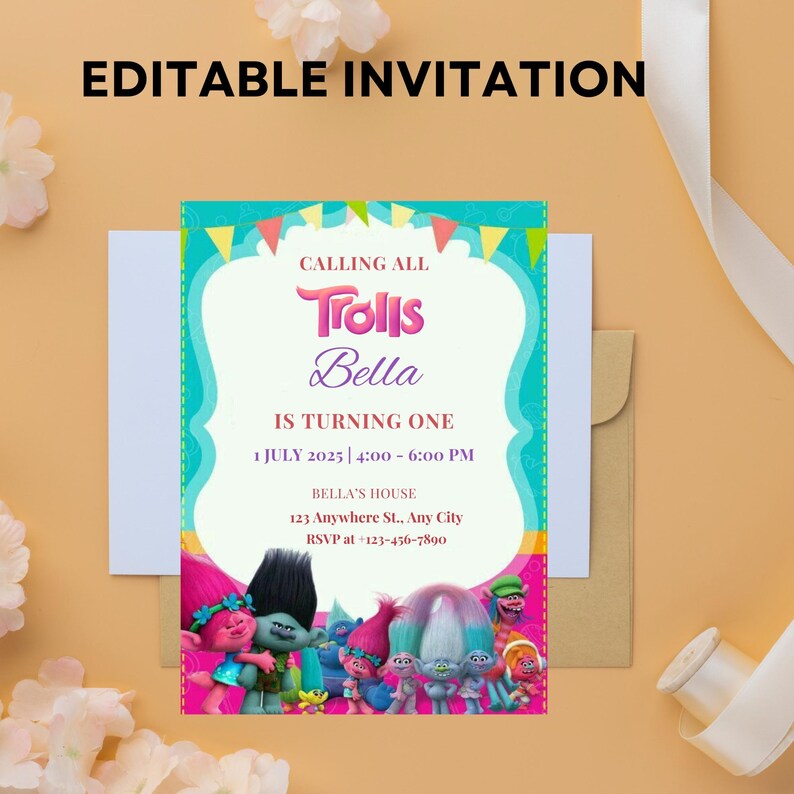 Editable Trolls Birthday Invitation: Poppy Party, Purple (digital ...