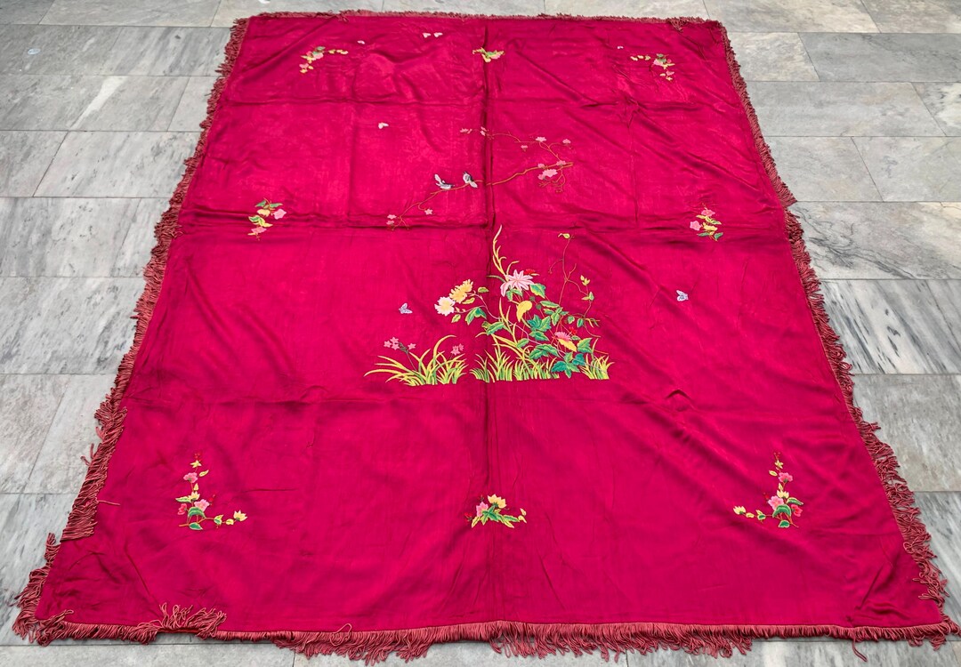 6x7 Vintage Chinese Bedspread, Silk Bedspread, Birds Flying Bedsheet ...