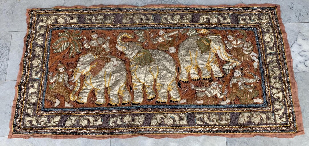 2x5 Ft Antique Kalaga Tapestry, Burmese Handmade Tapestry, Elephant ...