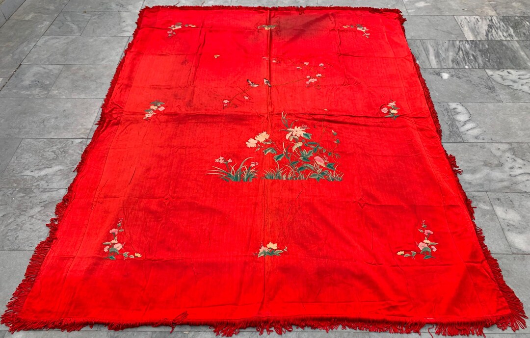 6x7 Vintage Chinese Bedspread, Silk Bedspread, Birds Flying Bedsheet ...