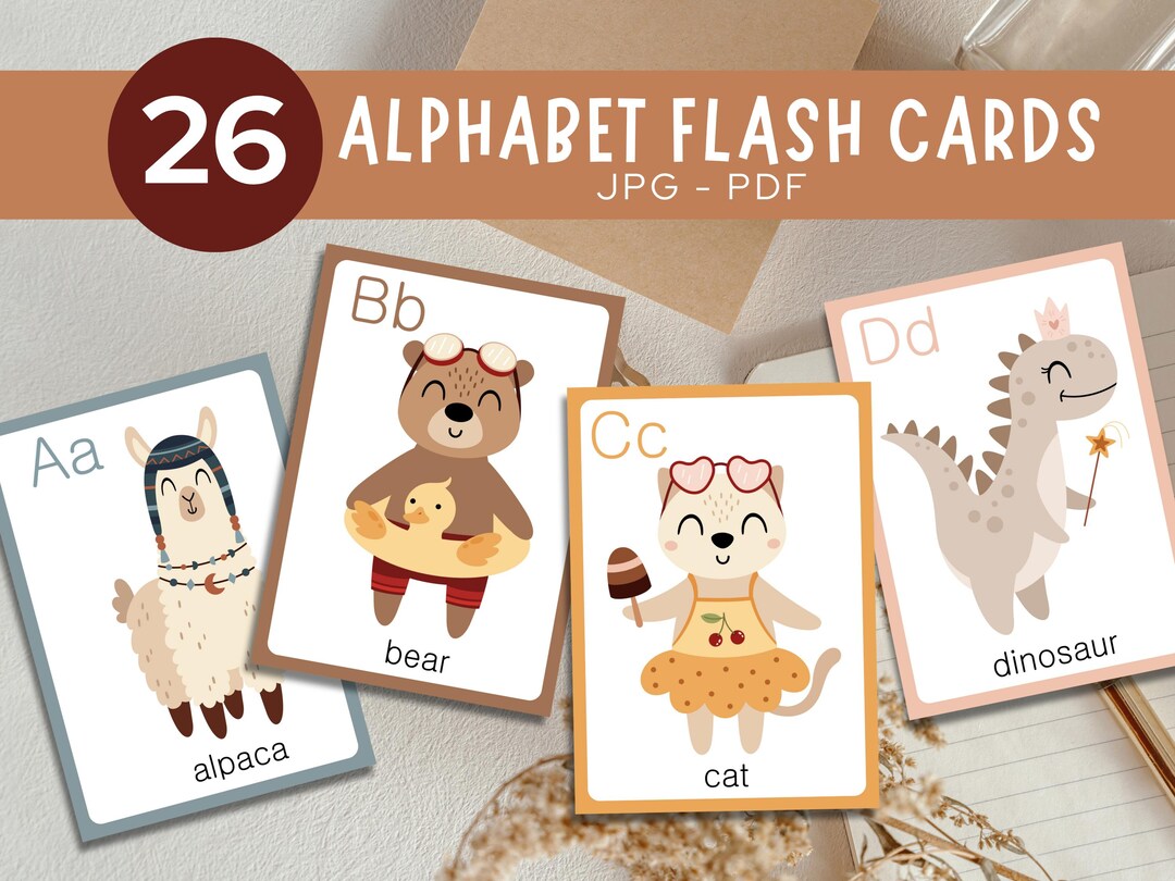 Printable Alphabet Flash Cards A-Z, Neutral Brown Colors, Kids Learning ...