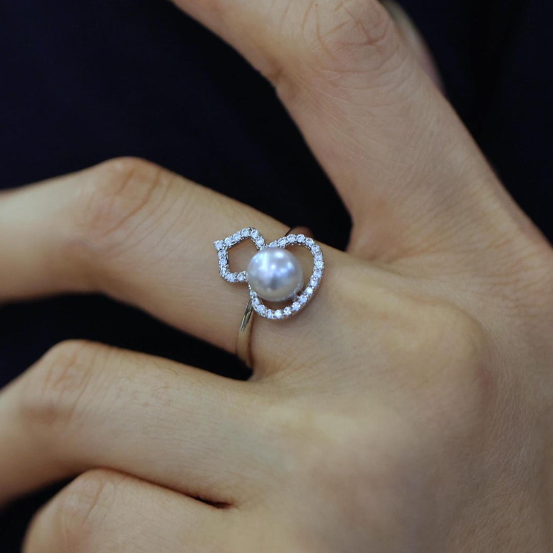 Silver Calabash Shape Ring, Japanese Akoya Silver Blue Pearl, Handmade ...
