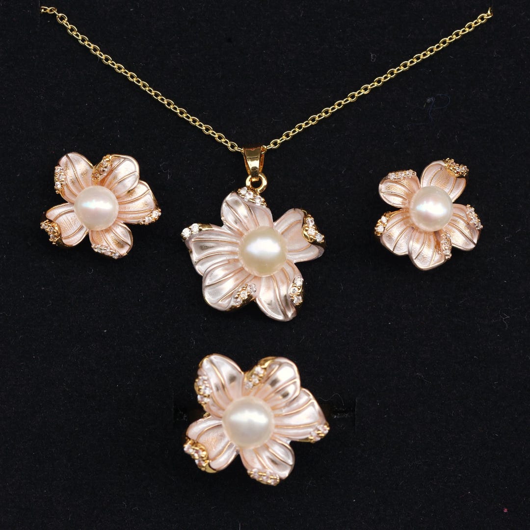 Spring Flower Theme Pearl Jewelry Set, Earrings, Necklace and Ring ...