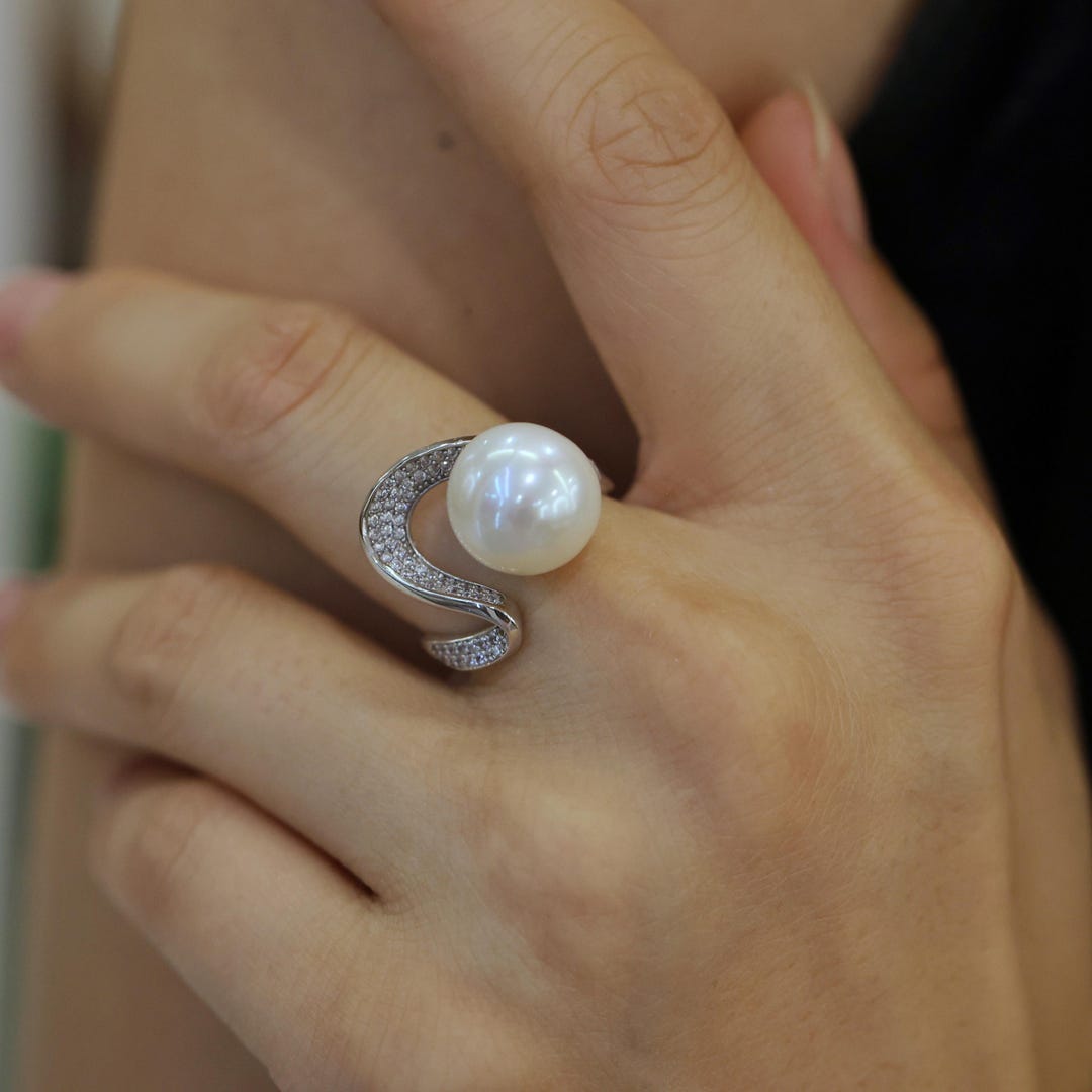 Unique Wave Design Ring With Large Freshwater Pearl, Handmade Sterling ...