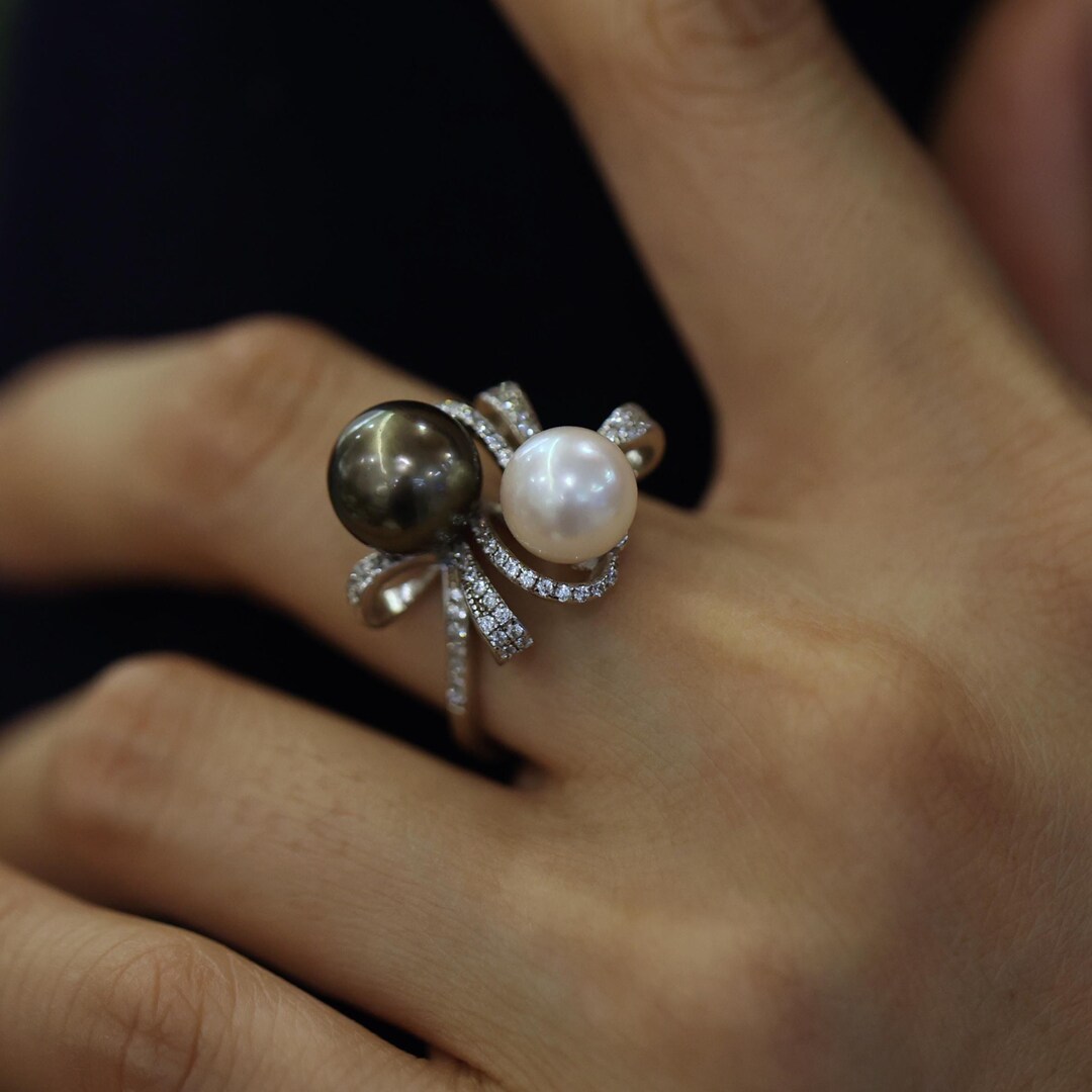 Silver Double Pearls Ring, Japanese Akoya Pearl and Tahitian Black ...