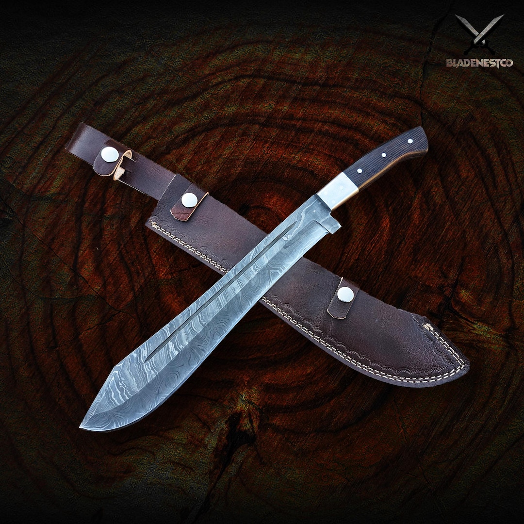 Handmade 18'' Damascus Steel Machete With Leather Sheath | Densified ...