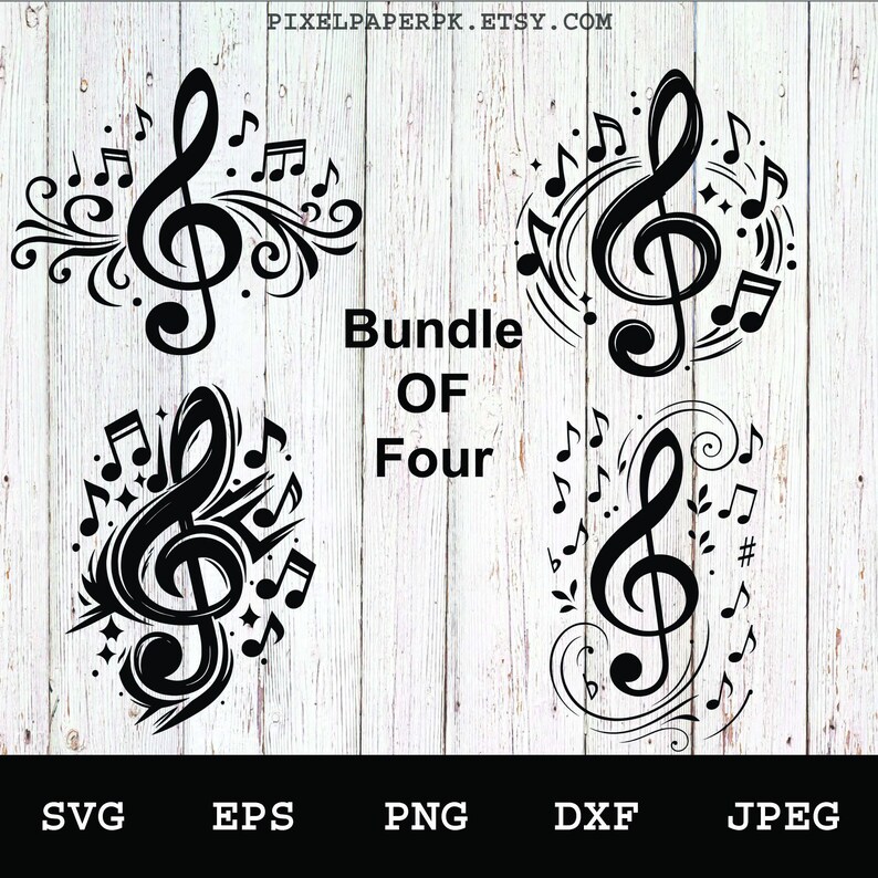 Music Notes Bundle of Four Svg, Eps, Png, Dxf, Jpeg Digital Download ...