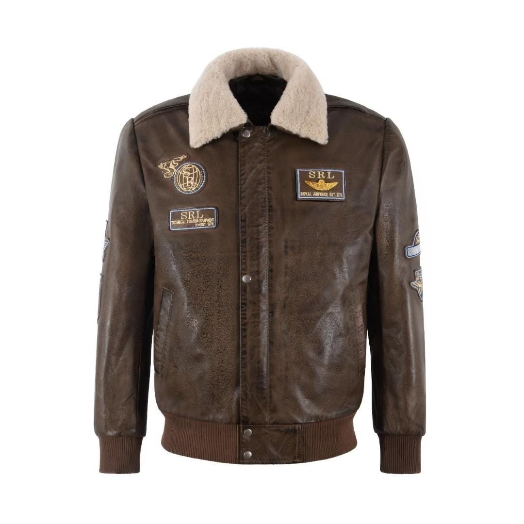 BSF Wear Men's Vintage Aviator Bomber Jacket With Patches Motorcycle ...