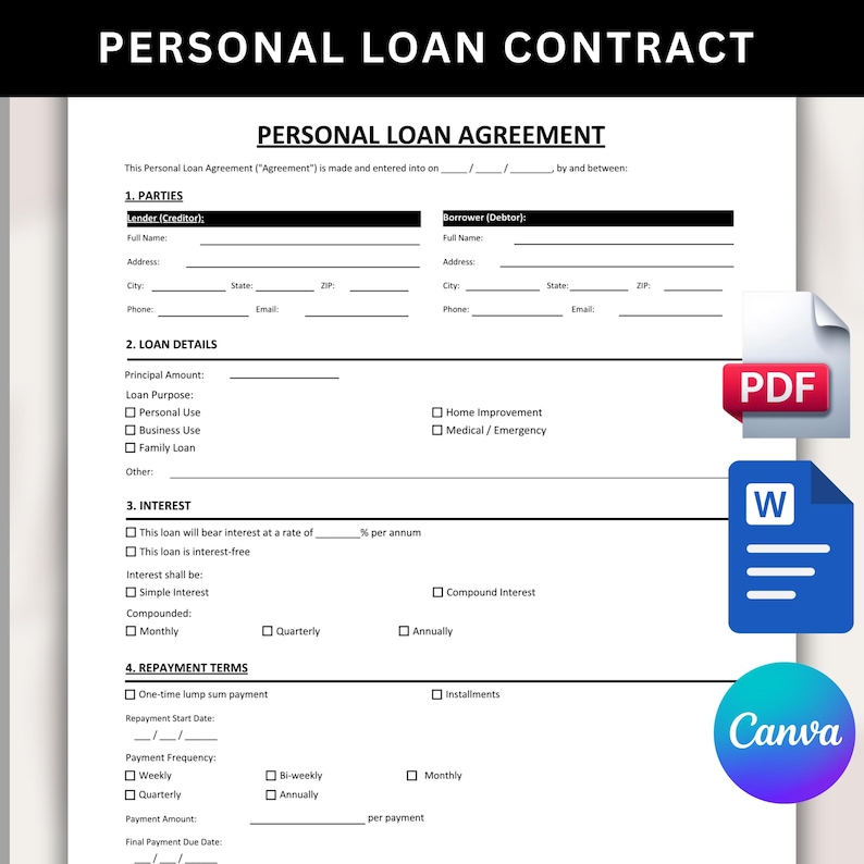 Personal Loan Agreement Template | Editable Loan Contract | Printable ...