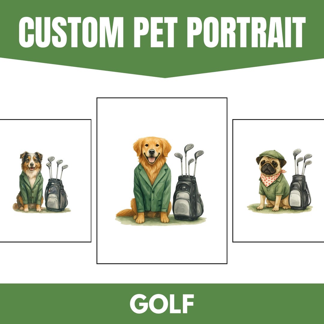 Custom Dog Golf Portrait Printable, Pet Playing Golf Digital Wall Art ...