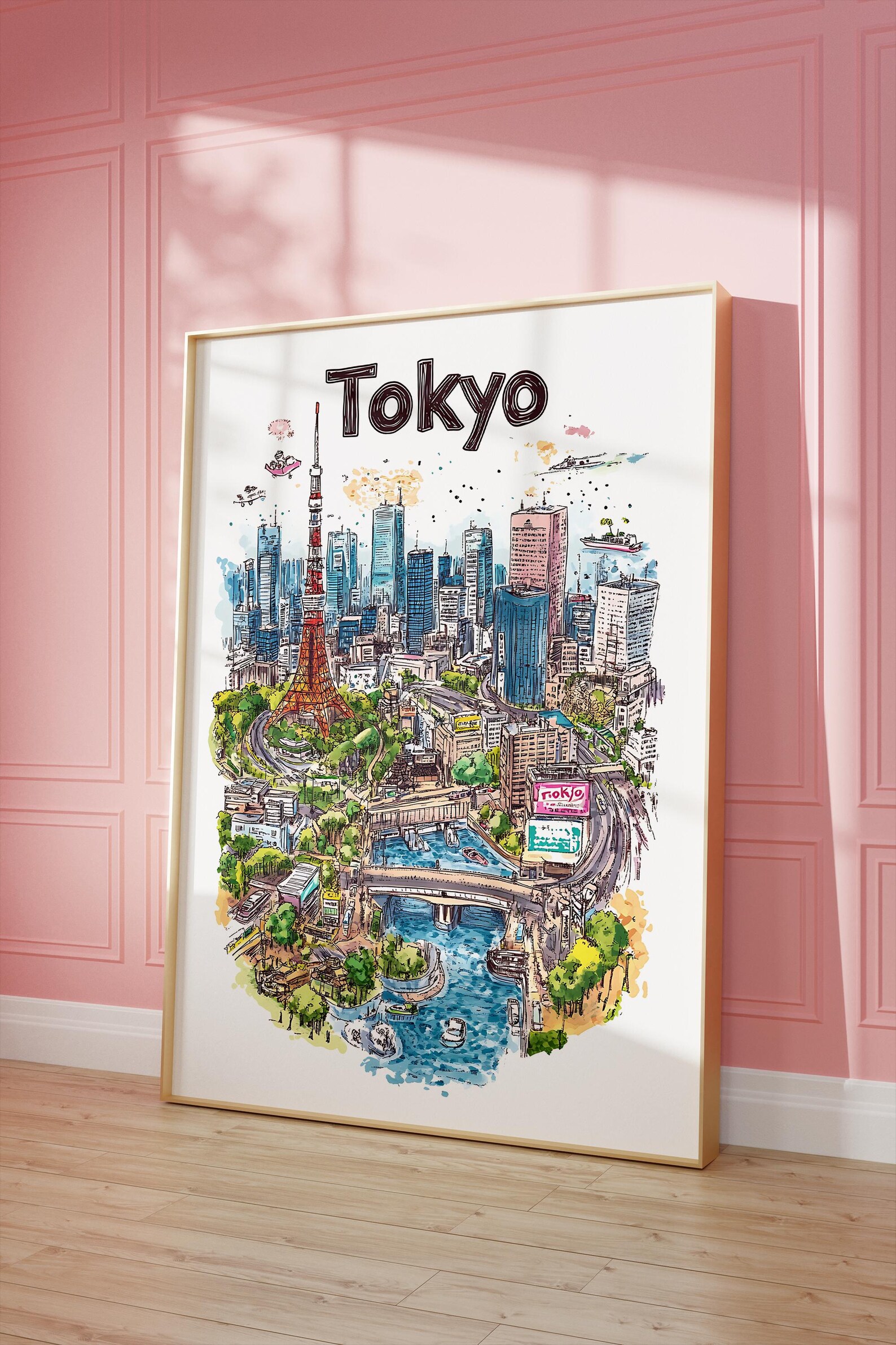 Tokyo City Digital Print, Hand-drawn Japan Skyline Art, Shibuya & Tokyo ...