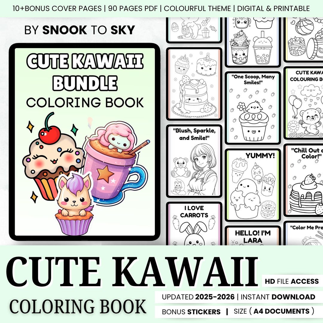 Cute Kawaii Coloring Book, 90 Pages, Bonus Stickers (printable Digital ...