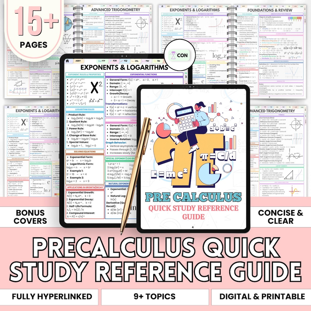 Precalculus Study Guide, Quick Study Math Reference Sheet, 15+ Pages ...