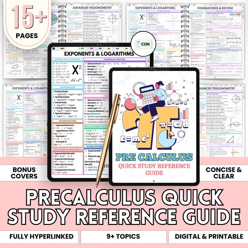 Precalculus Study Guide, Quick Study Math Reference Sheet, 15+ Pages ...